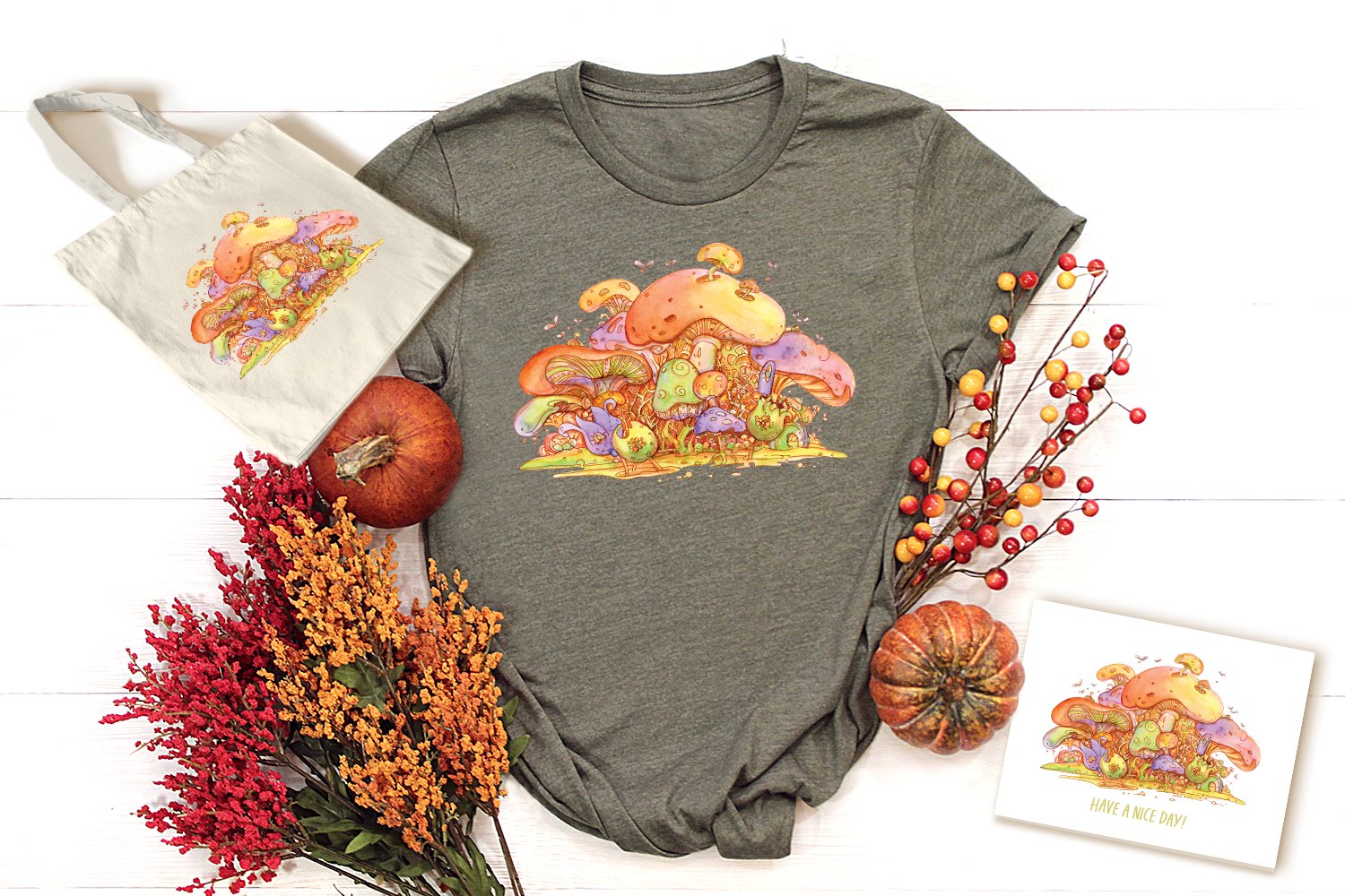 Shirt Mockup, Fall Mock Up, Flat Lay With Pumpkins (897560)